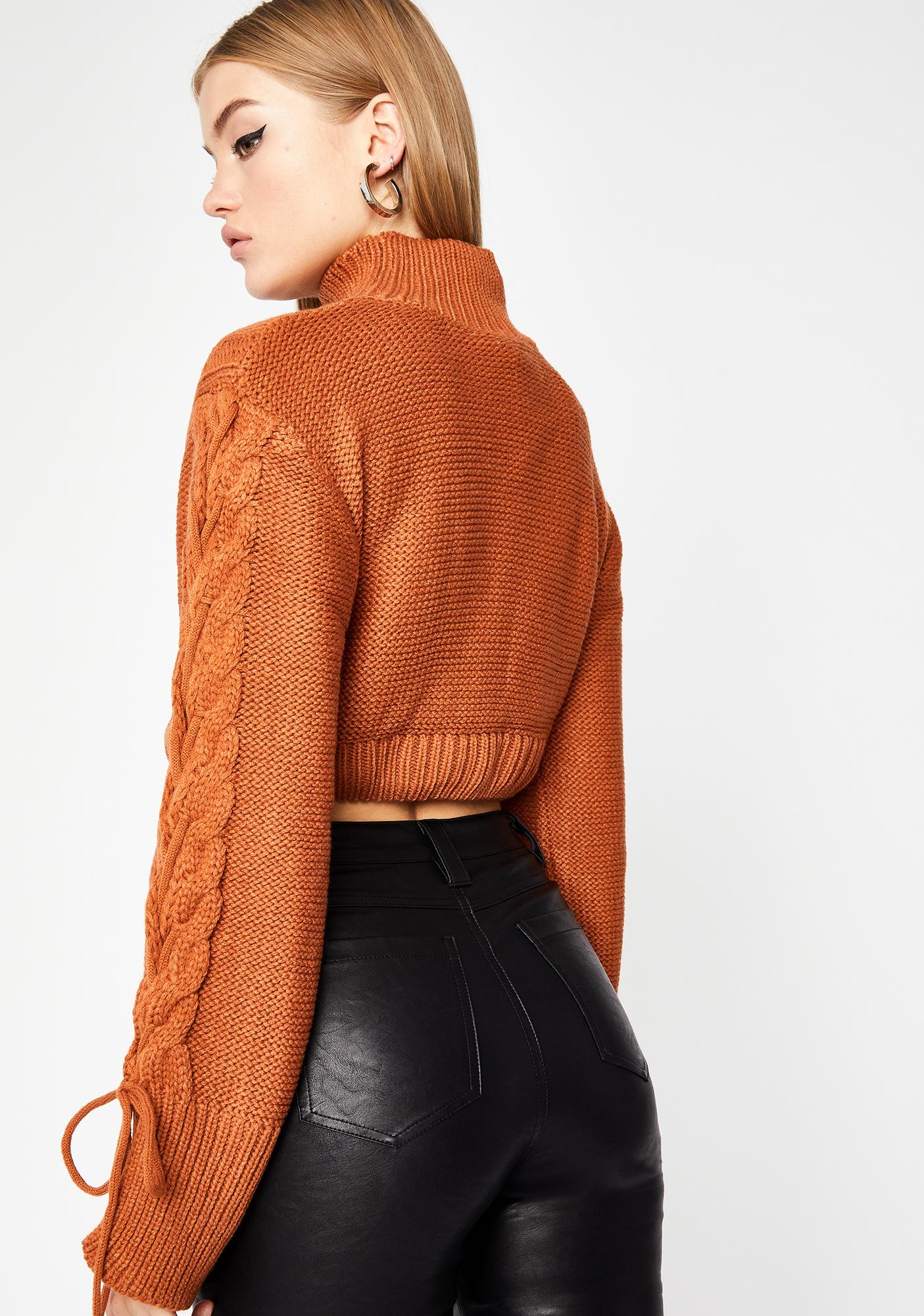 Cropped Cable Knit Turtleneck Sweater Rust Dolls Kill