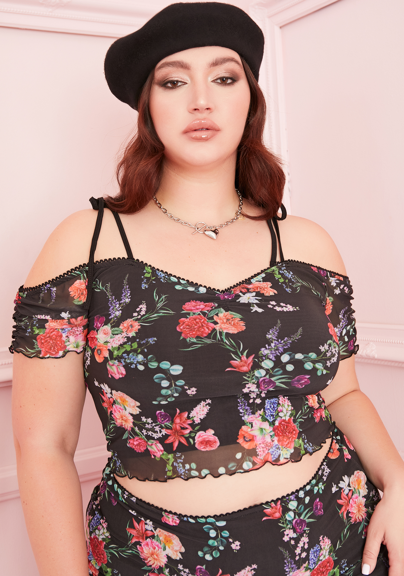 Plus Size Sugar Thrillz Photoreal Floral Print Mesh Off The Shoulder