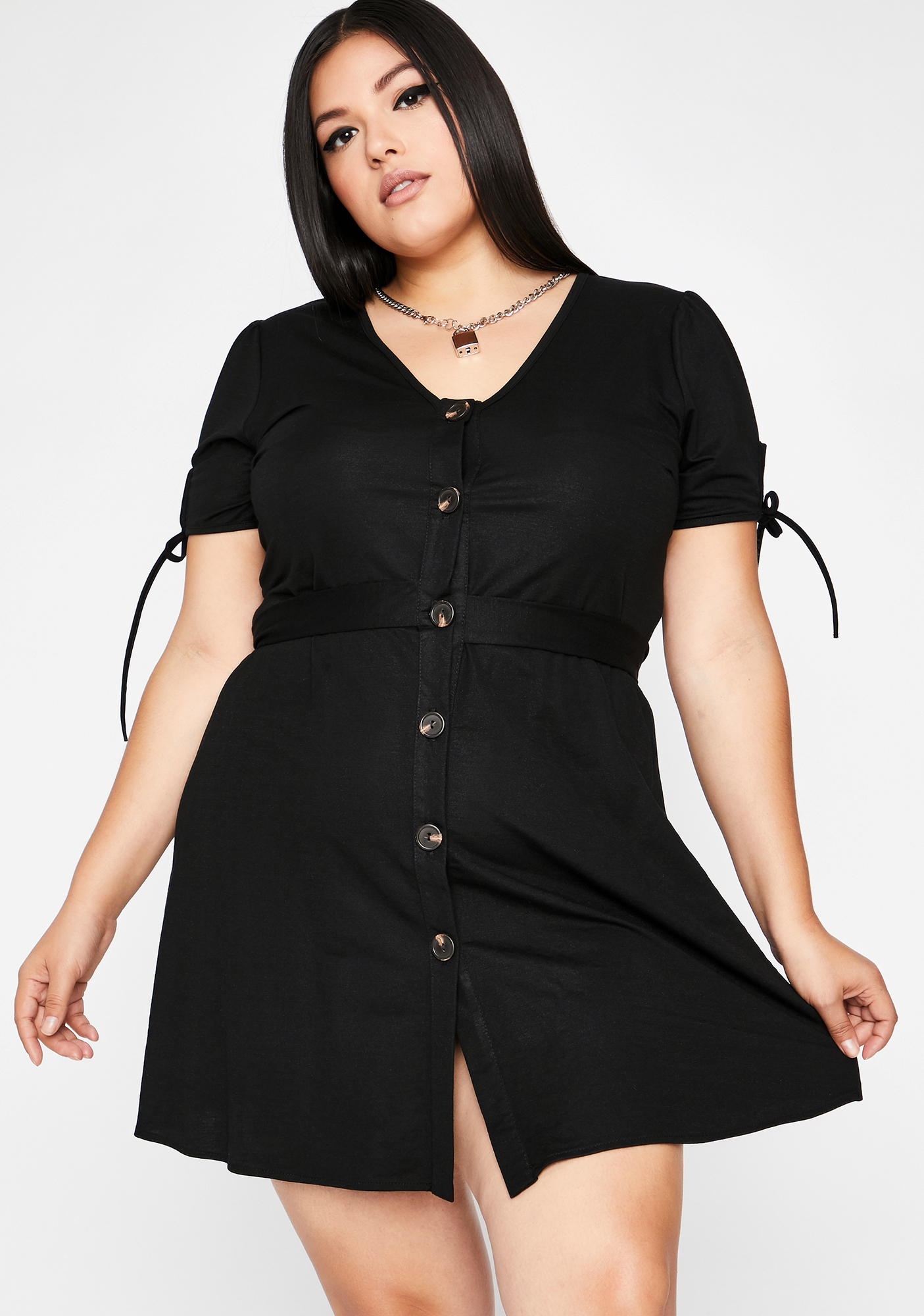 Plus Size Button Front Short Sleeve Mini Dress Black | Dolls Kill