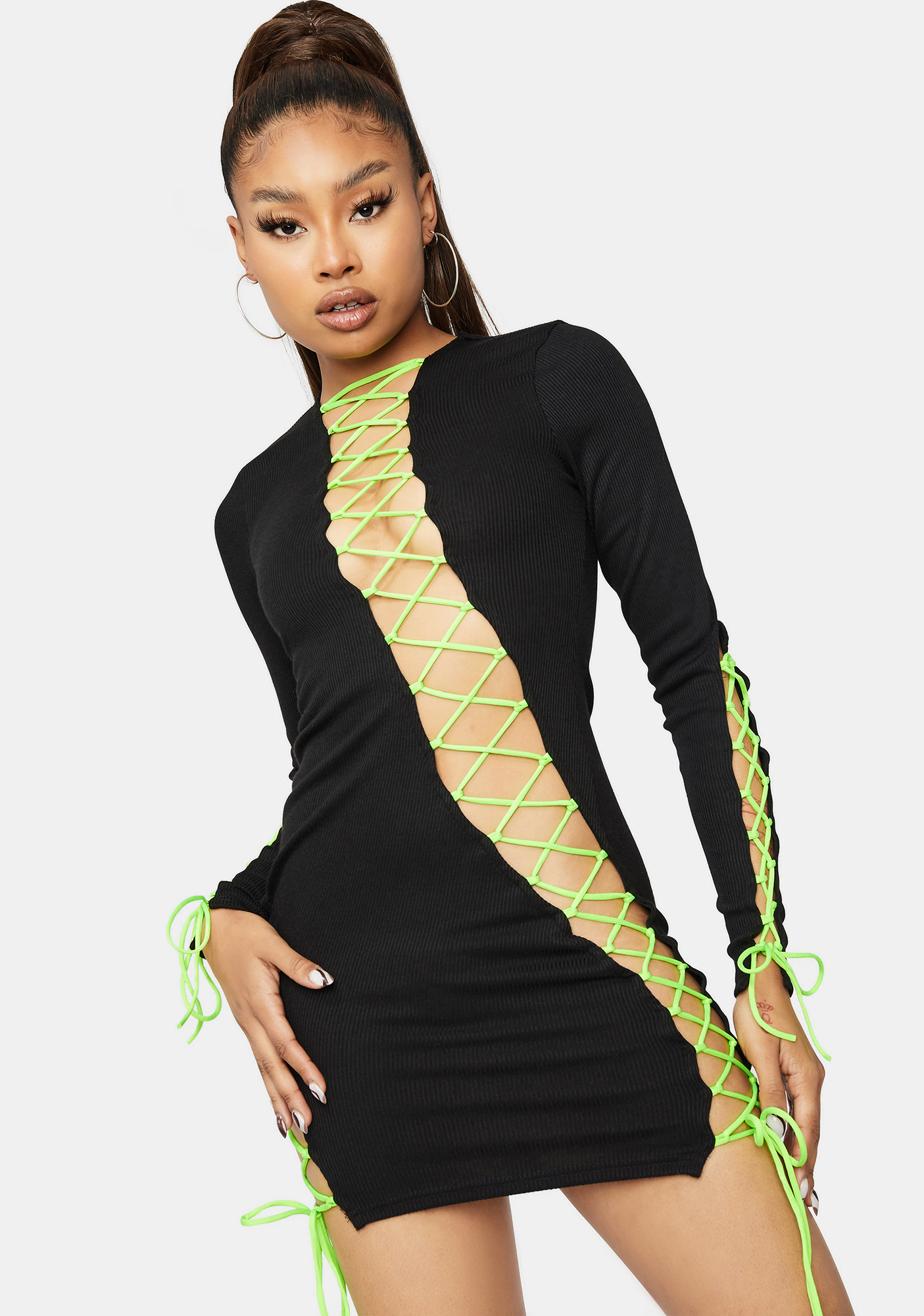 Contrast Lace Up Bodycon Mini Dress Black Neon Green Dolls Kill