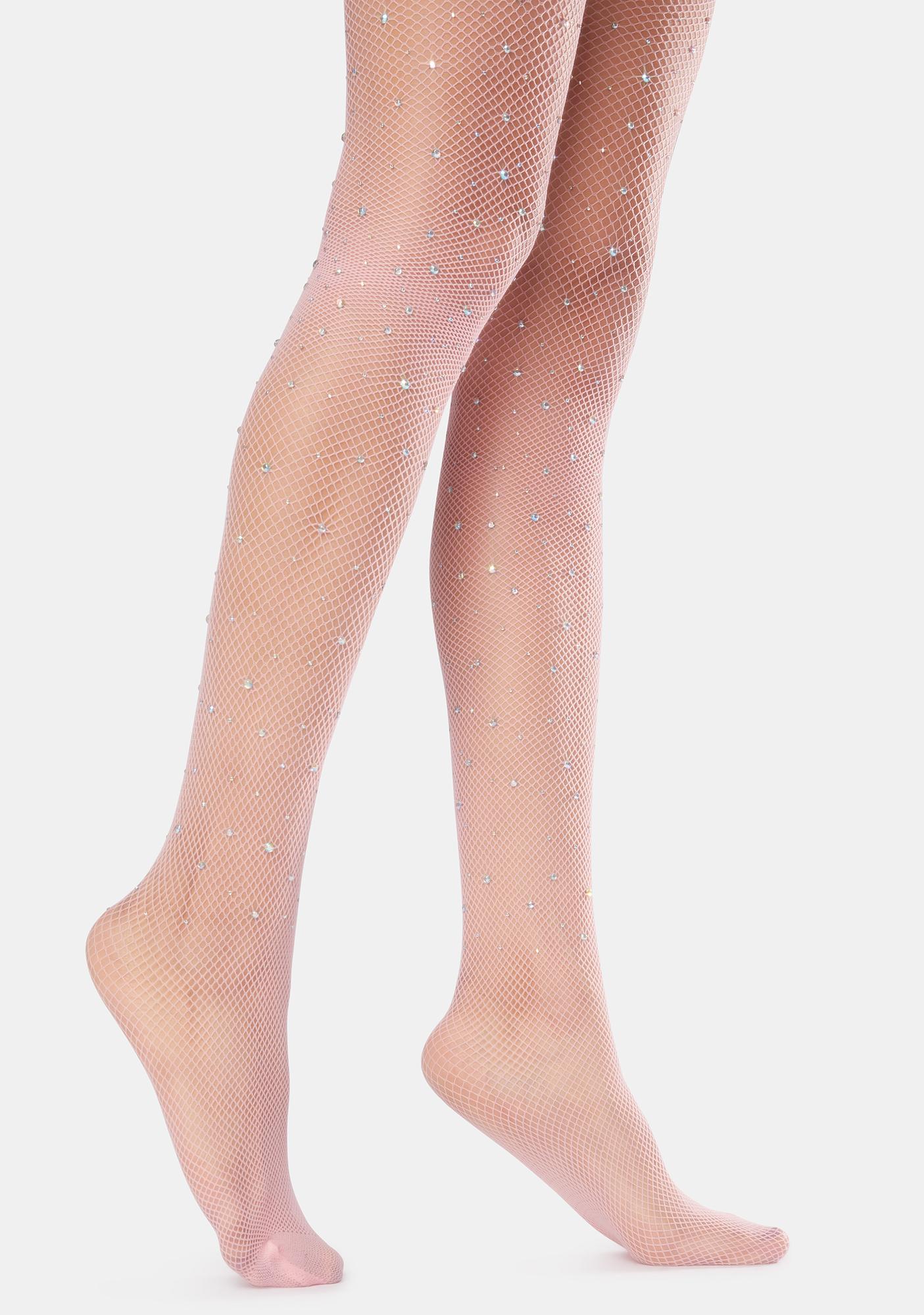Sparkle Pearl Embellished Fishnet Tights - Pink | Dolls Kill