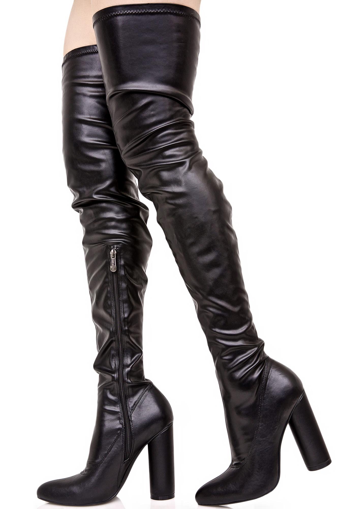 Black Faux Vegan Leather Thigh High Heeled Boots Dolls Kill Black Faux Vegan Leather Thigh High Heeled Boots Dolls Kill