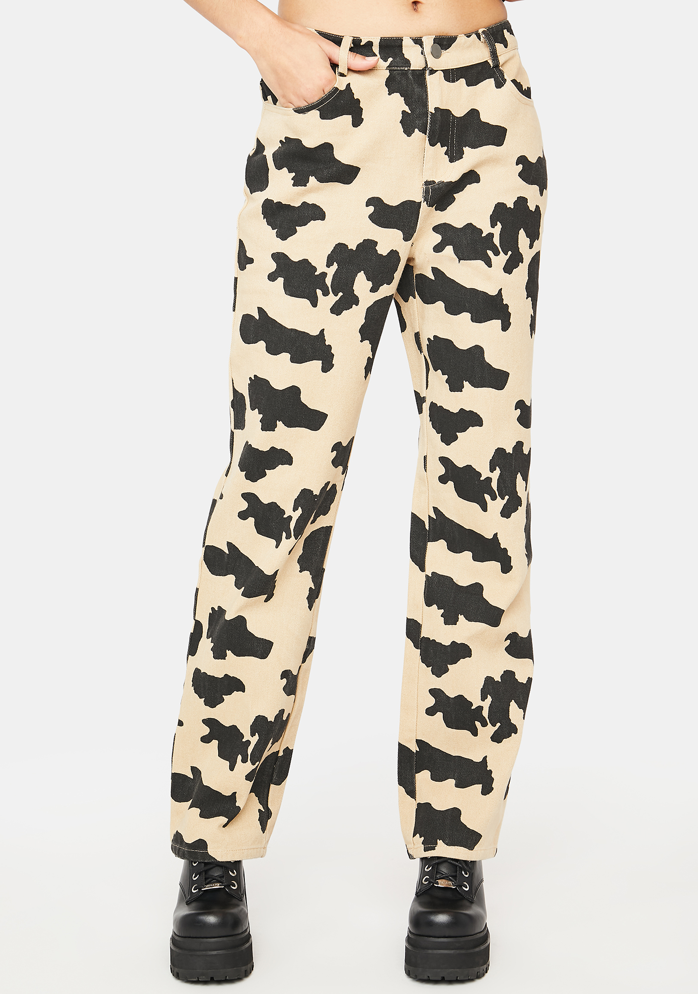 Cow Print Straight Leg Mid Waist Trousers Taupe Black Dolls Kill cow-print-straight-leg-mid-waist-trousers-taupe-black-dolls-kill