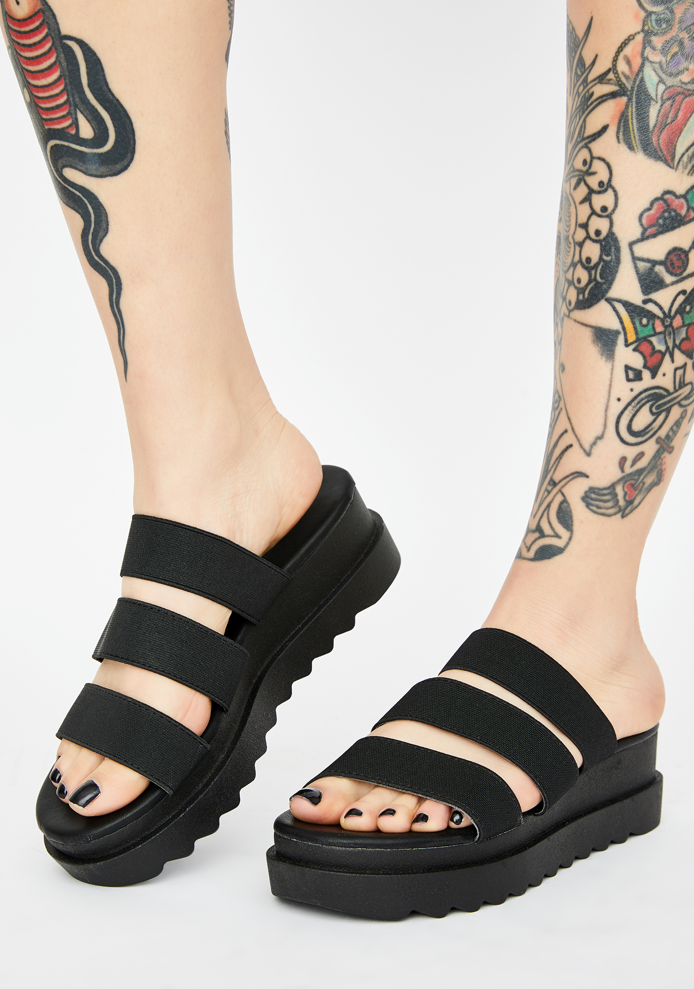 Strappy Platform Slide Sandals - Black | Dolls Kill