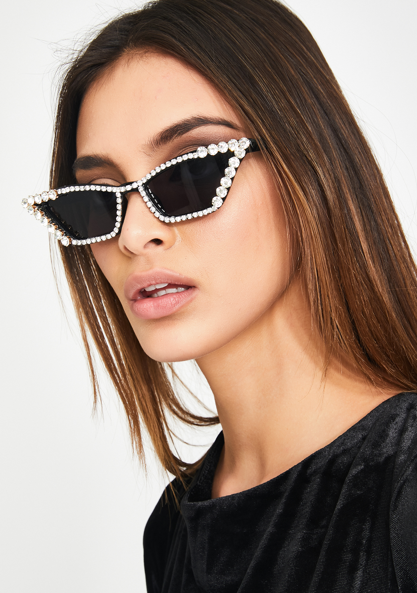Rhinestone Cat Eye Sunglasses Black Tinted Lenses Dolls Kill
