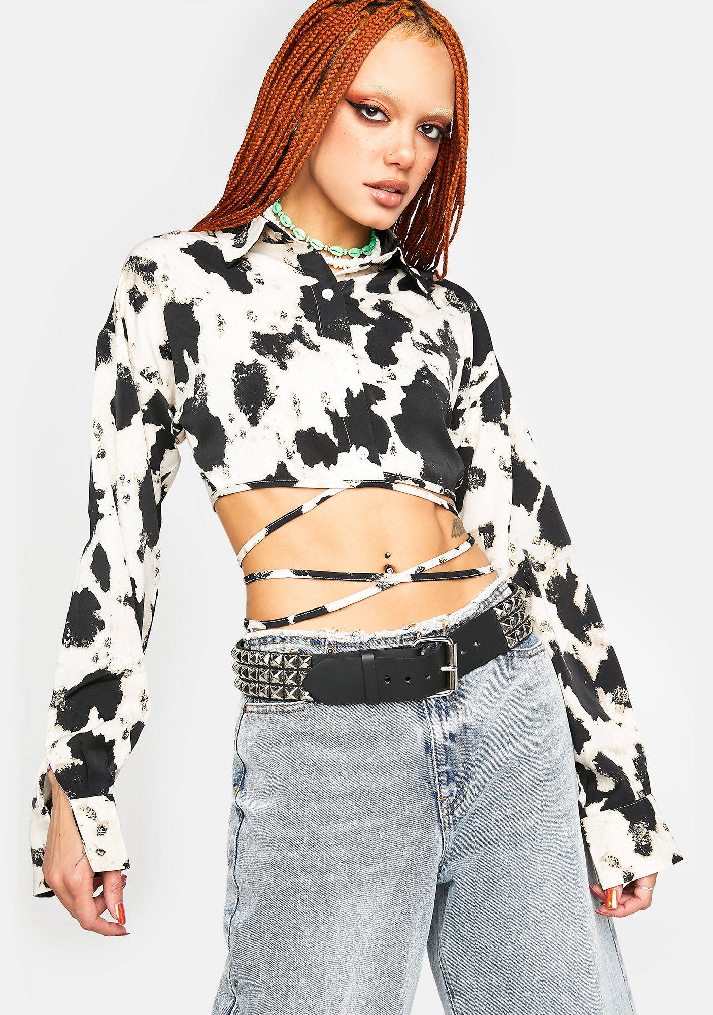 Cow Print Long Sleeve Wrap Tie Crop Top Black White Dolls Kill