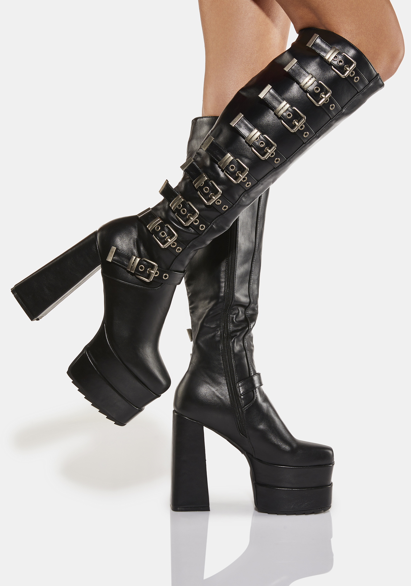 Lamoda Knee High Double Platform Heel Vegan Leather Buckle Boots ...