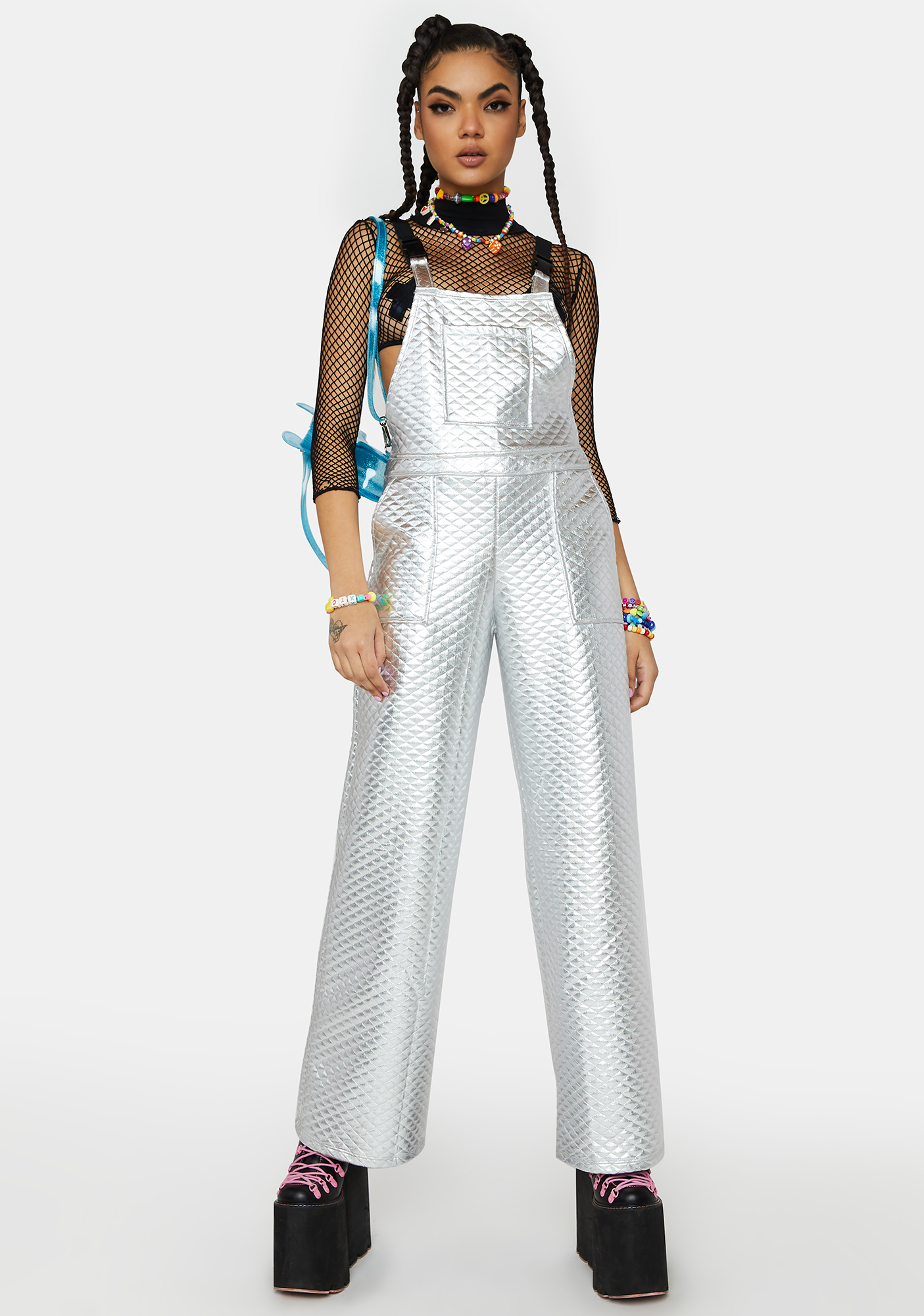 Quilted Wide Leg Overalls - Silver Metallic | Dolls Kill