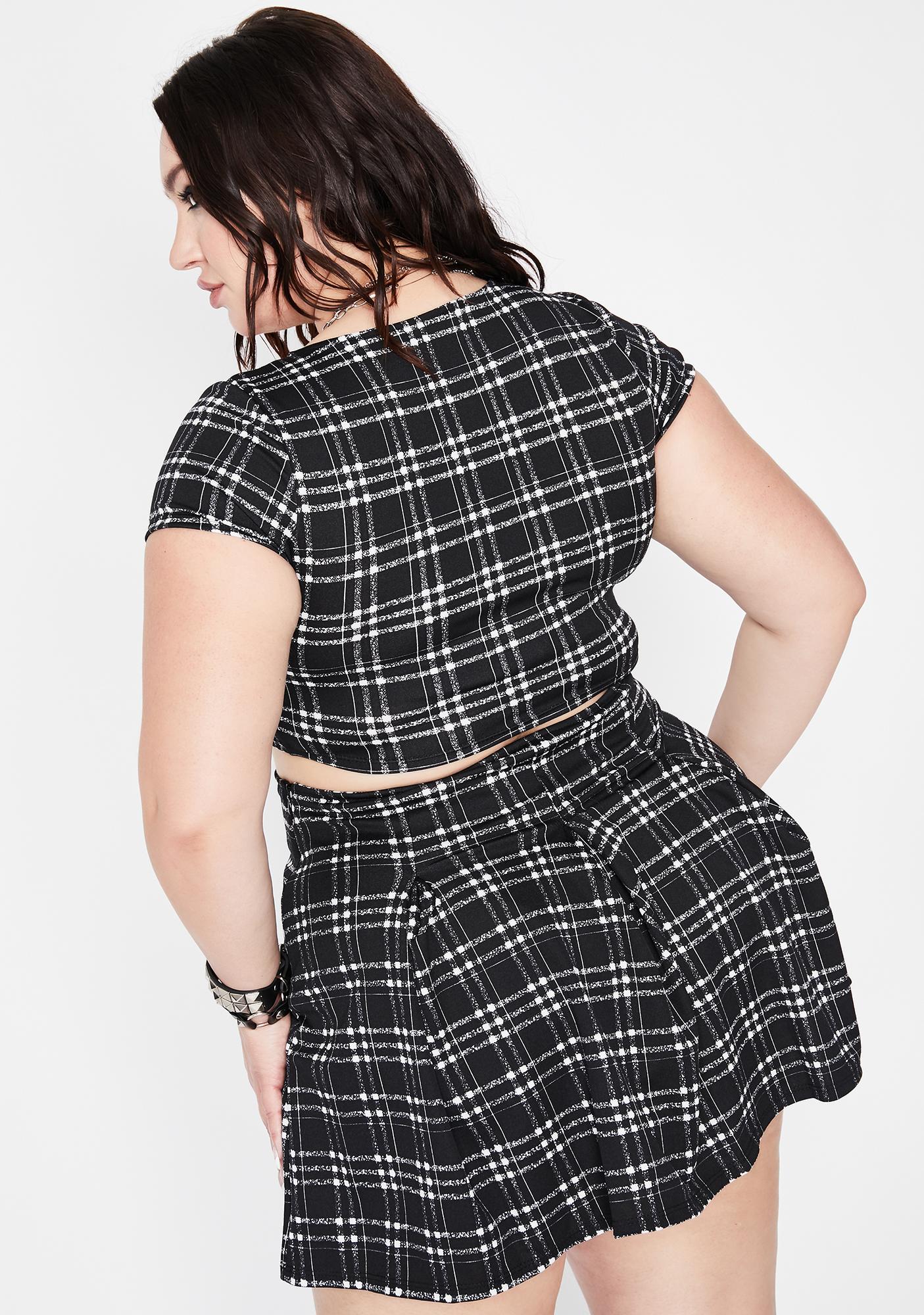 Plus Size Plaid Short Sleeve Button Crop Top Flared Mini Skirt Set