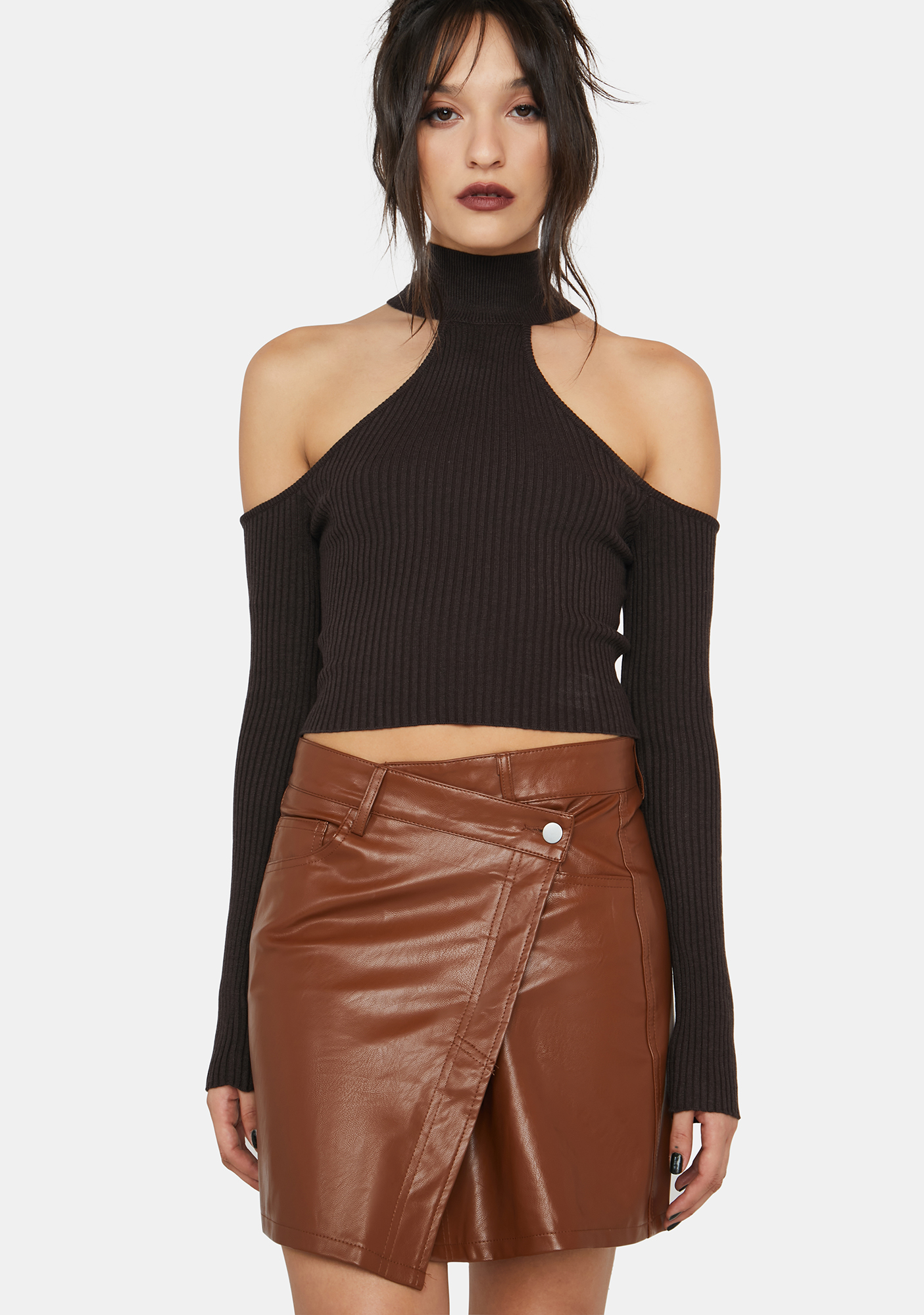 Cut Out Turtleneck Top Brown Dolls Kill
