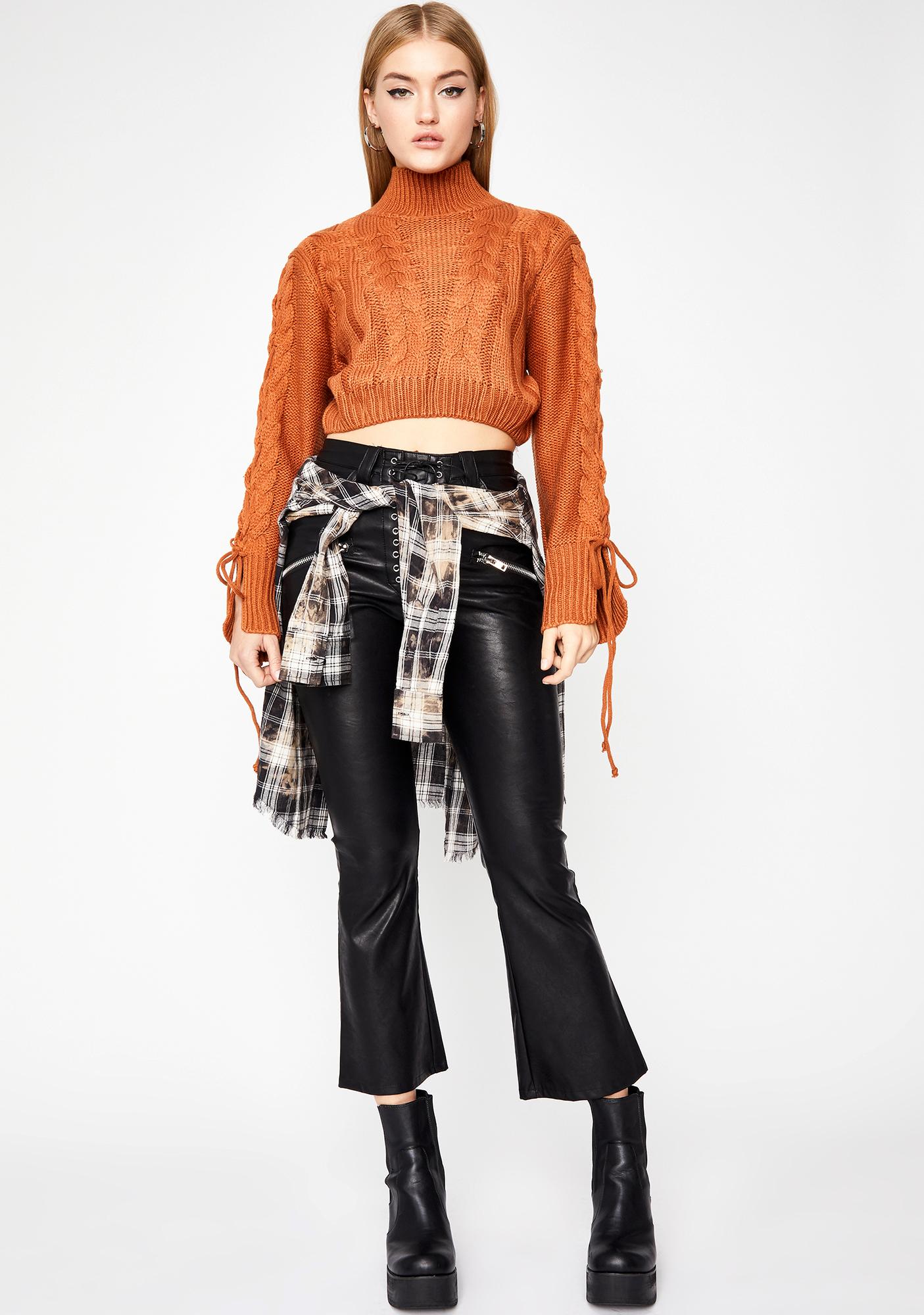 Cropped Cable Knit Turtleneck Sweater Rust Dolls Kill