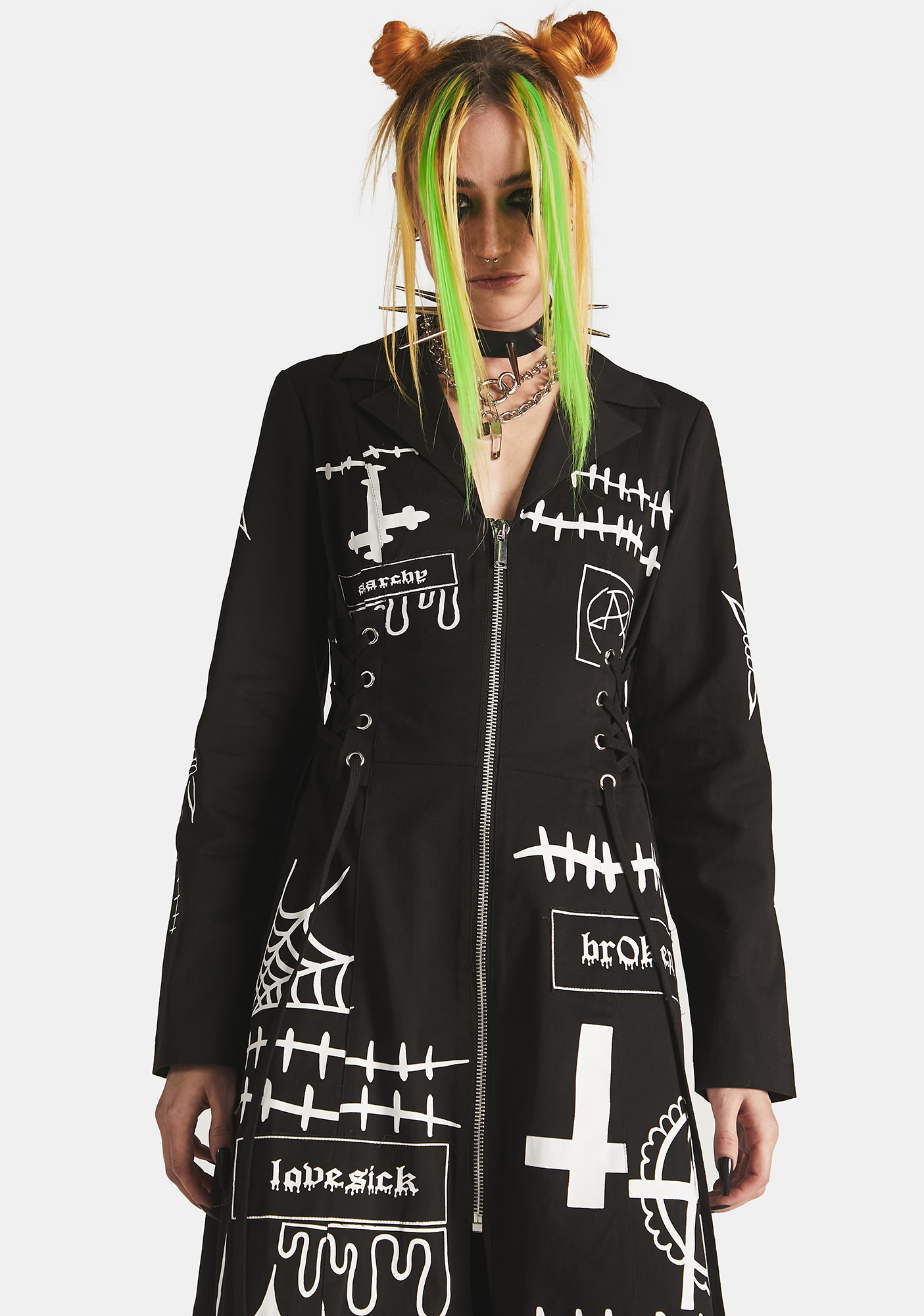 Dolls Kill X Broken Brainz Graphic Long Trench Coat Black White