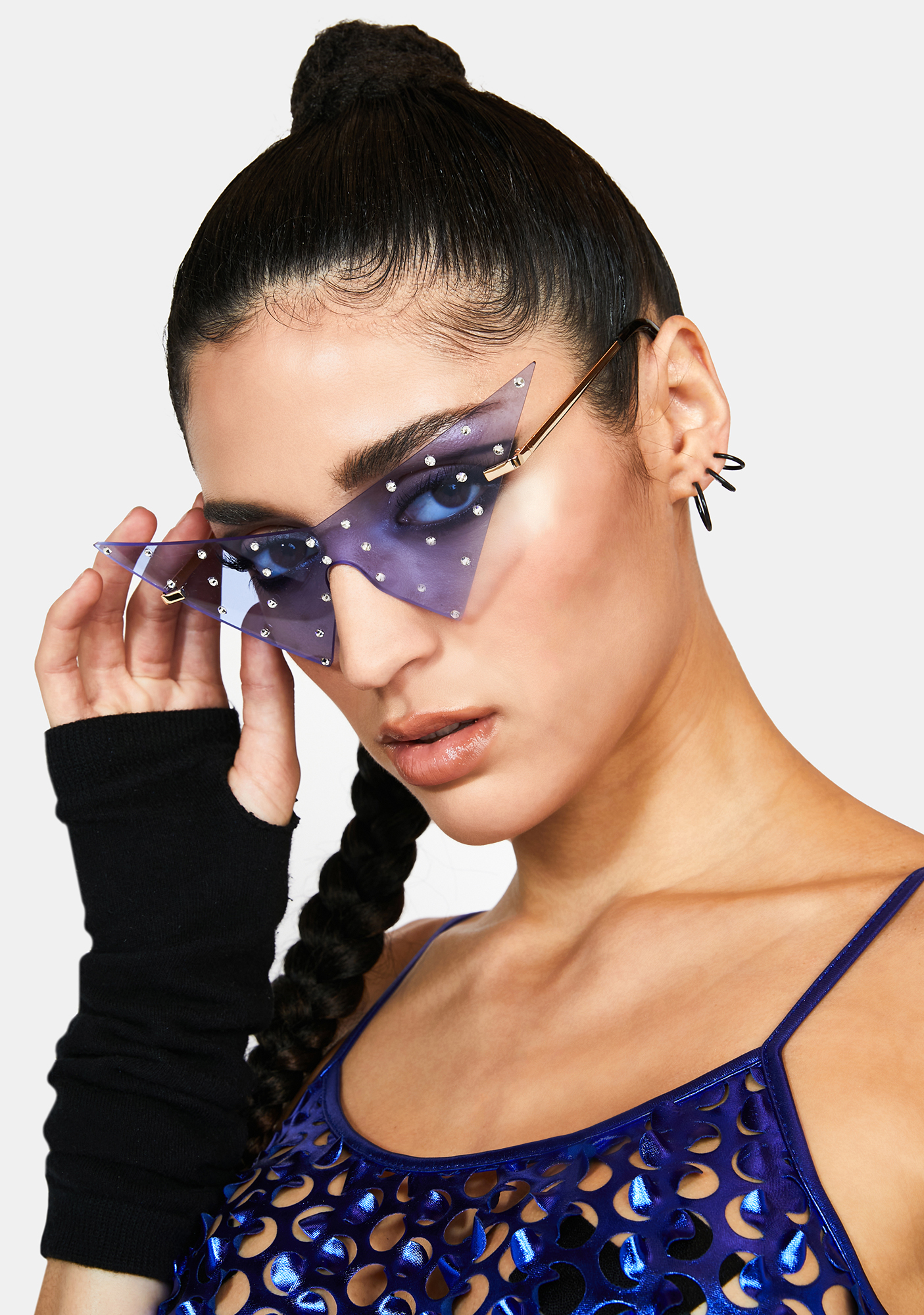 Blue Frameless Sharp Cat Eye Rhinestone Sunglasses Dolls Kill