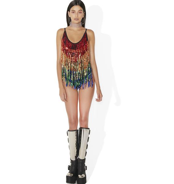 Jaded London Rainbow Fringe Sequin Plunge Swimsuit | Dolls Kill