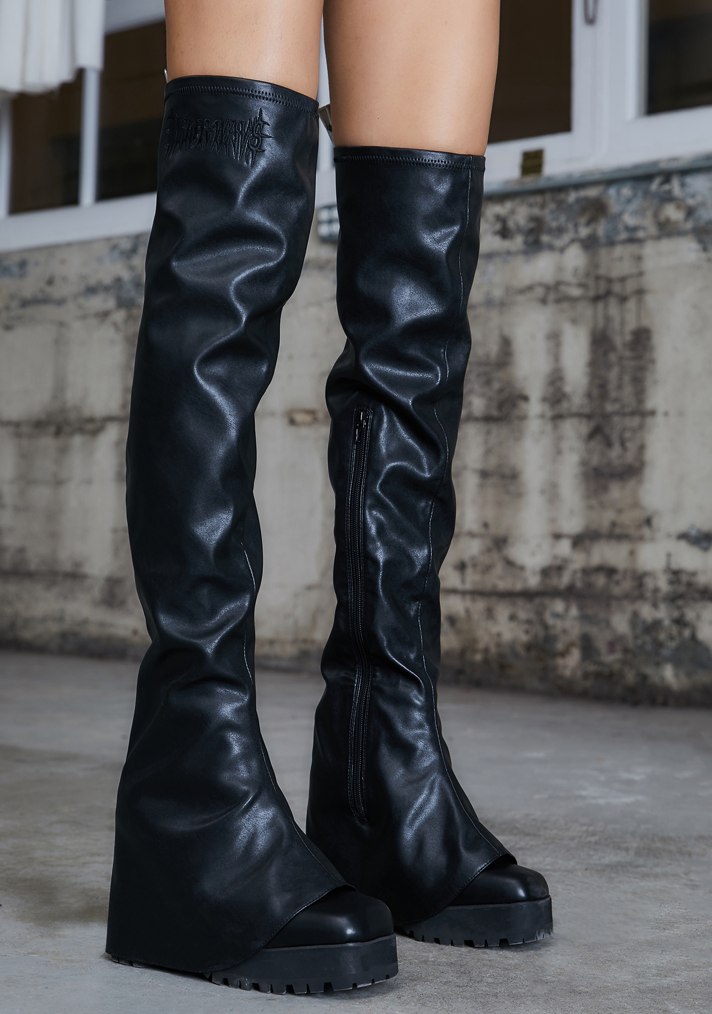 Darker Wavs Thigh High Pant Boots - Black Vegan Leather | Dolls Kill