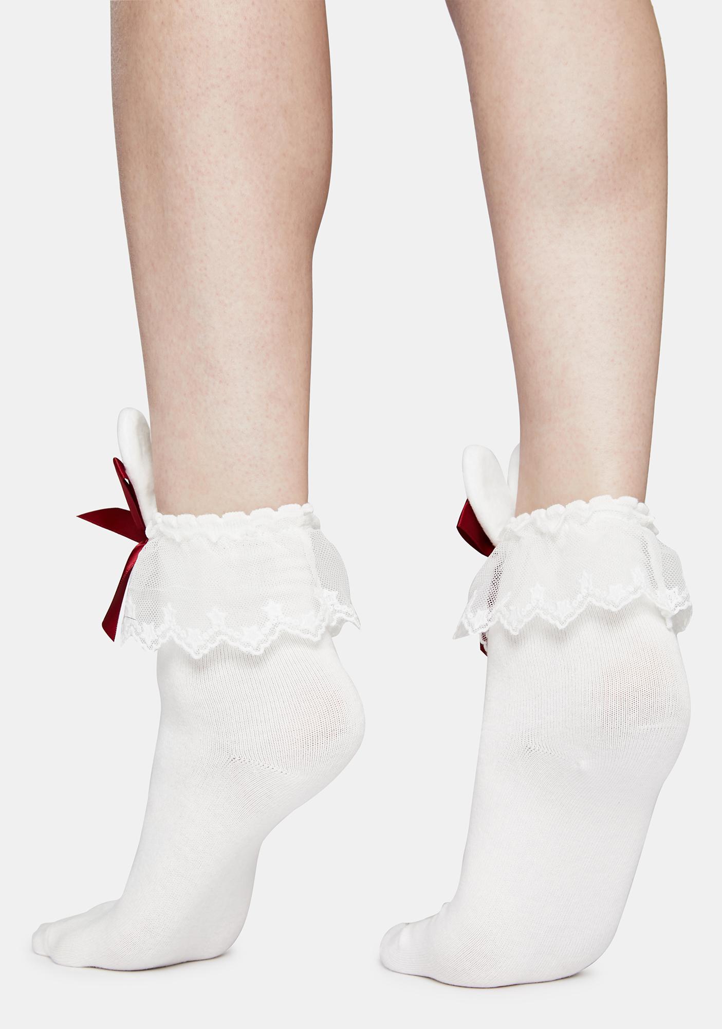 Lace Ruffle Ankle Socks With Bunny Ear Bows White Red Dolls Kill