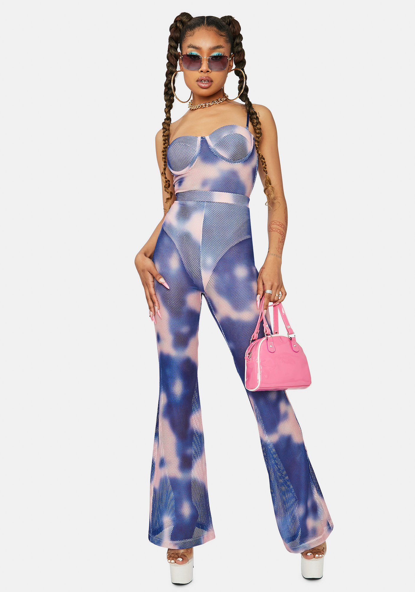 Tie Dye Mesh Flare Pants And Bustier Top Set Multi Indigo Dolls Kill