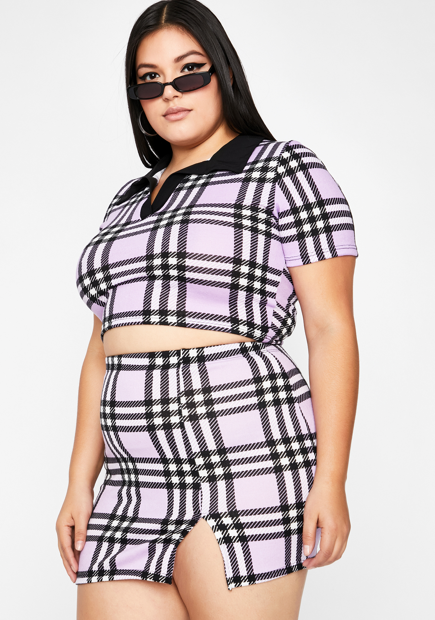 Plus Size School Girl Plaid Polo Crop Top Mini Skirt Front Slit Set